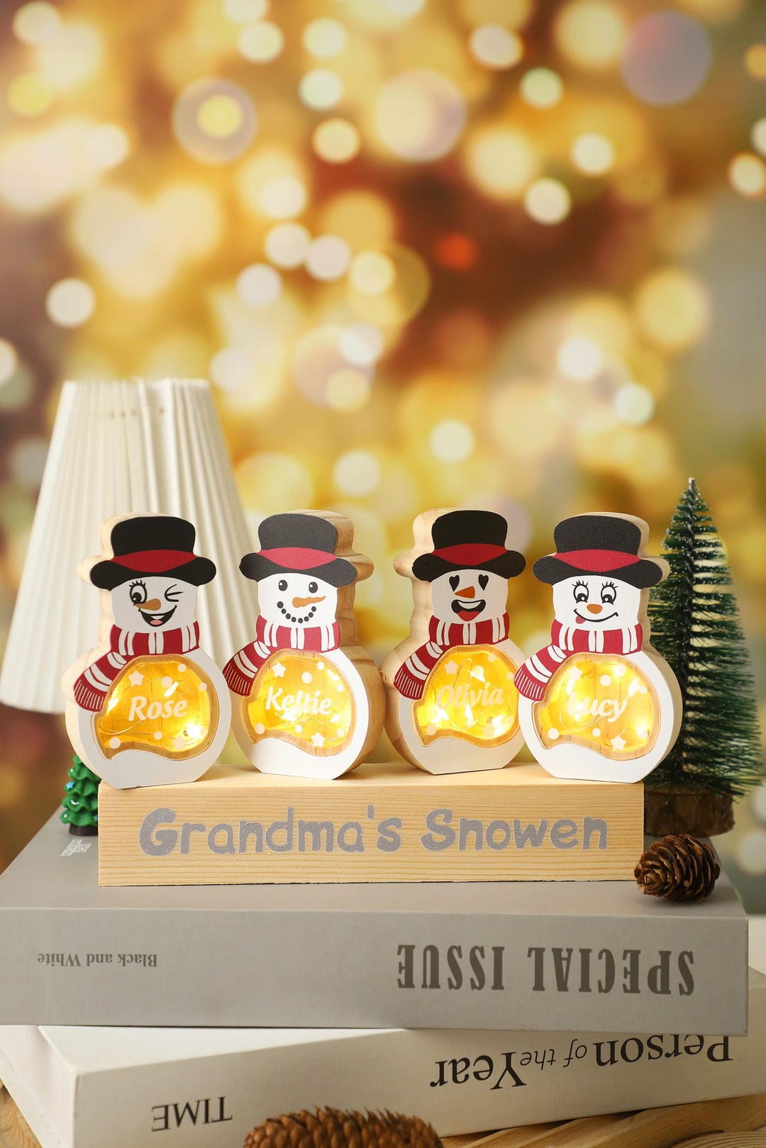 Personalised Snowman LED Light Wooden Decor With Tabletop Name Block ...