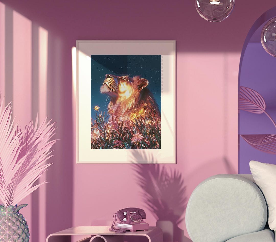 Stargazing Lion Dreamcore Art Satin Poster Art Print Holographic Chrome ...