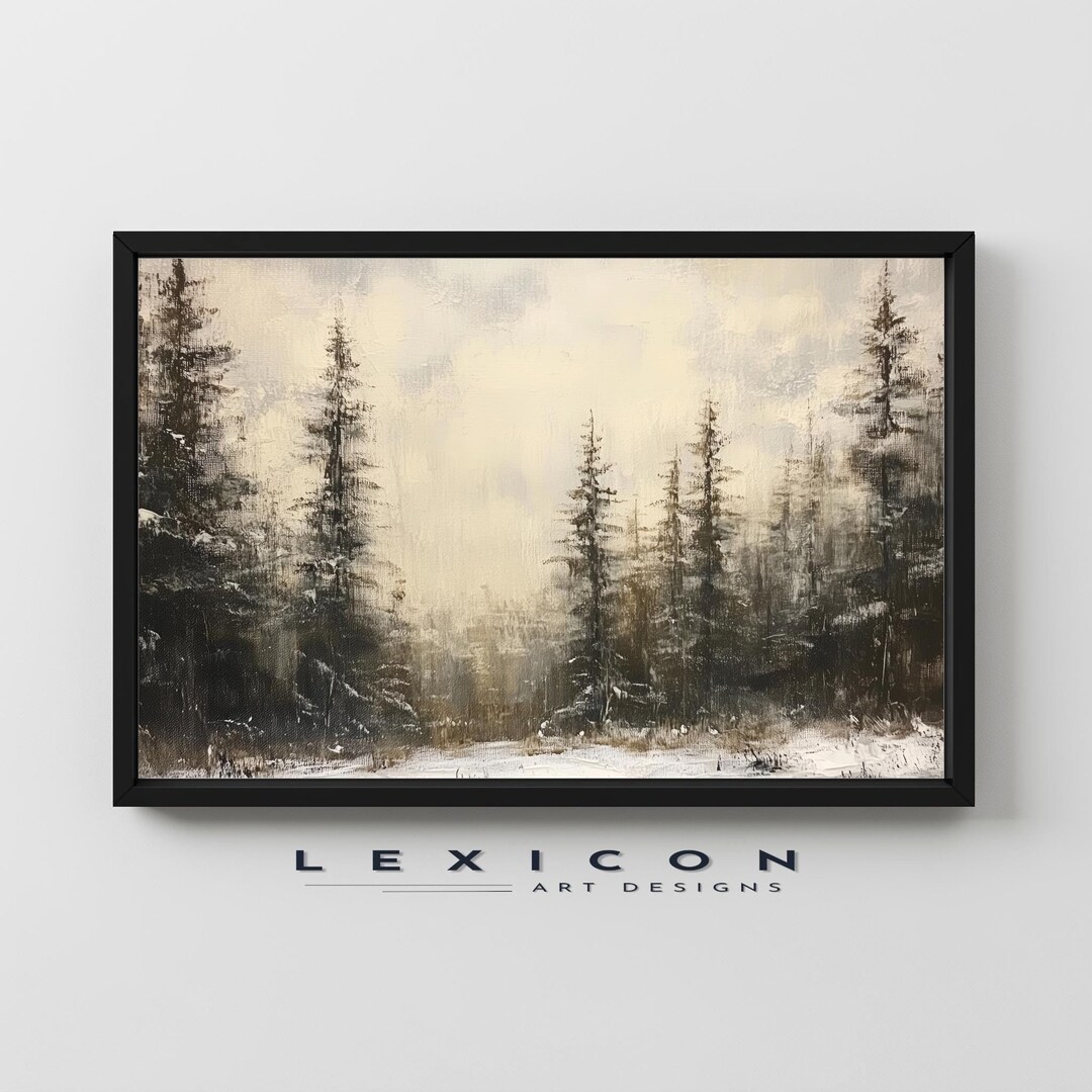 Winter Pine Tree Field Art Print: Snowy Landscape Oil Painting (digital ...