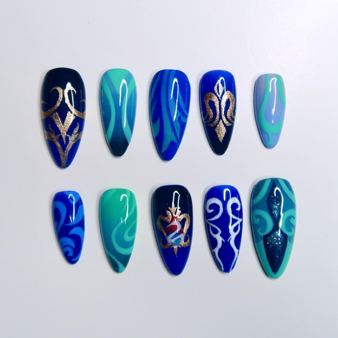Hydro Dragon Neuvillette Press-On Nails Full Gel Nails Genshin Impact ...