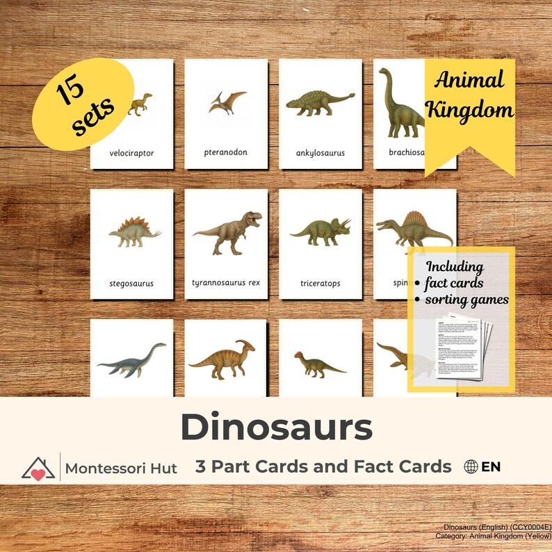 15 Dinosaurs - Montessori 3 Part Cards • Flash Cards Three Part Cards ...