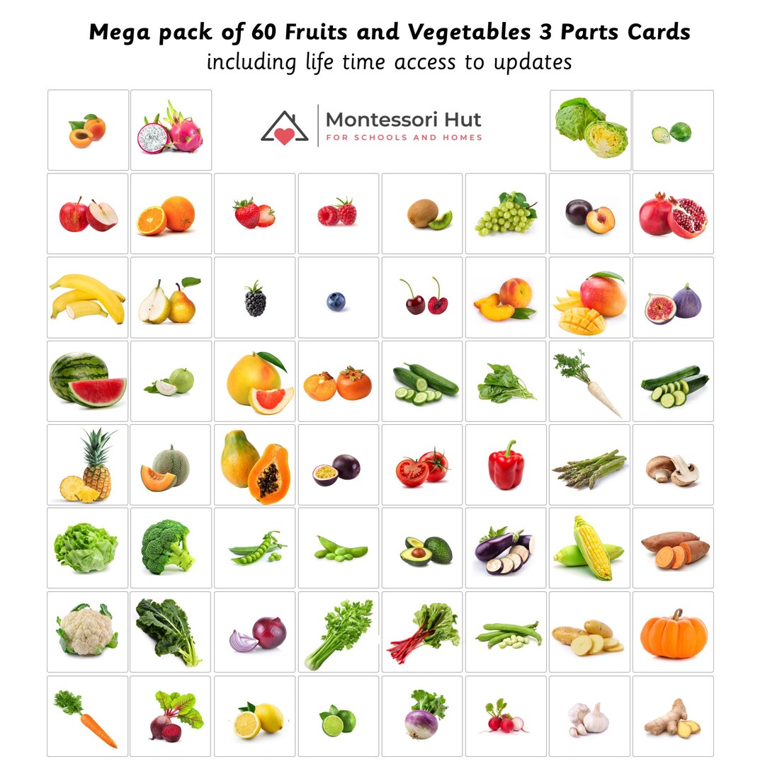 Mega Pack 60 Fruits and Vegetables Classified Cards; Montessori ...