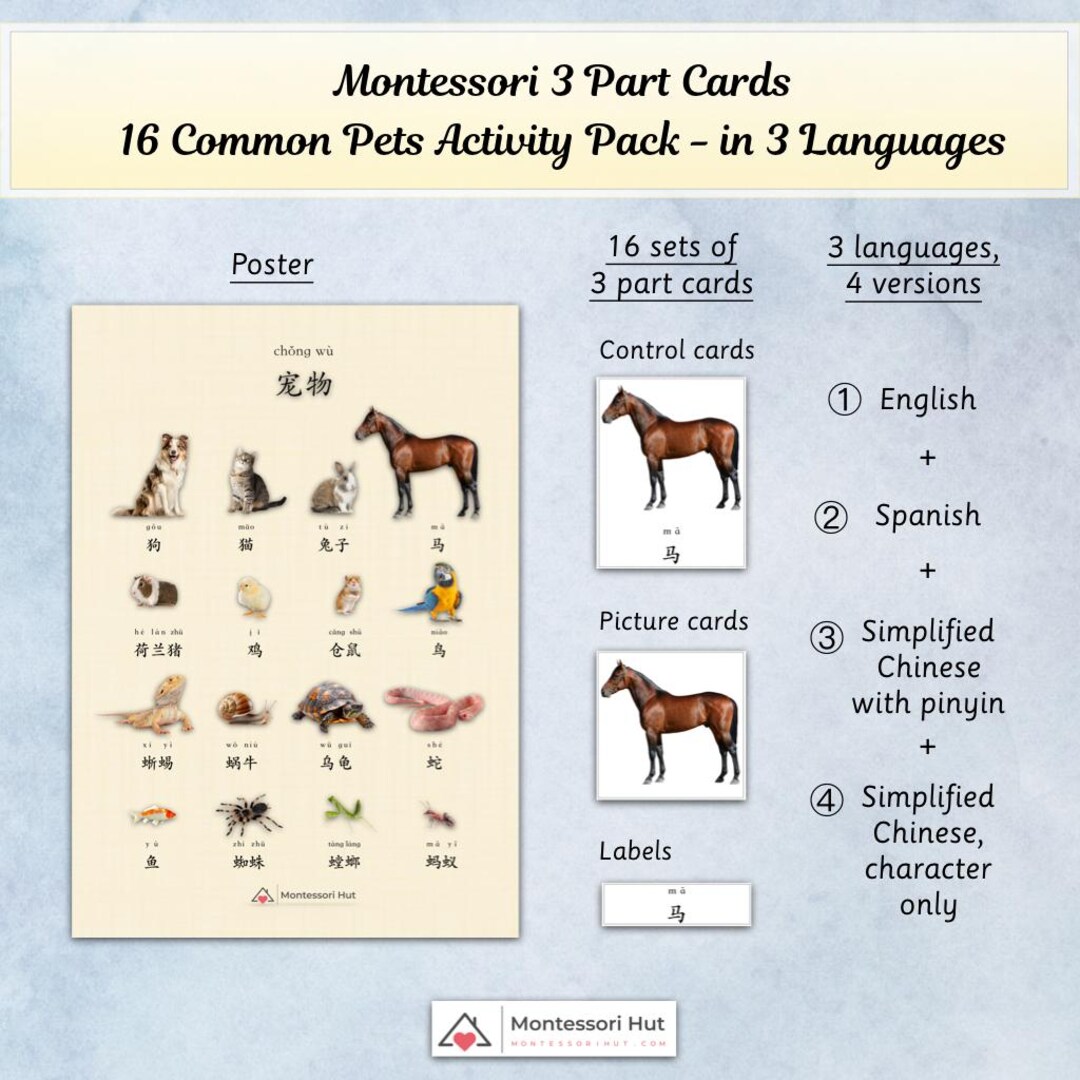 Common Pets, Animals - Montessori Kids Language Activities, 3 Part Card ...