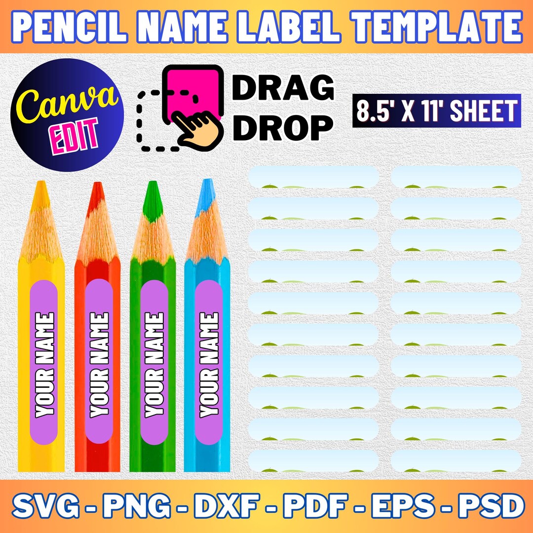 Pencil Name Label Template: School Supply Labels, Canva Edit (digital ...