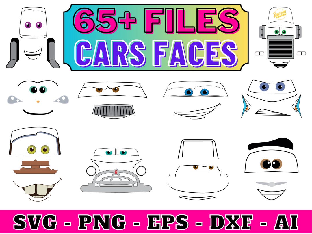 Cars Faces SVG Clipart Bundle: Cartoon T-shirt Designs (digital ...