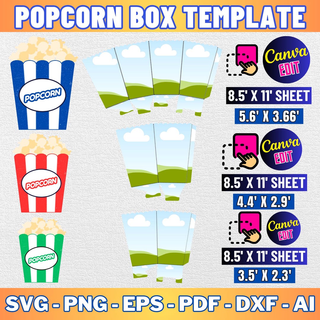 Popcorn Box Template, Popcorn Box Bundle, Popcorn Box Svg, Party Favors ...
