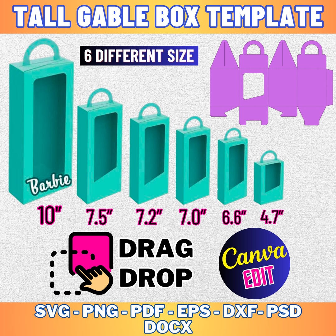 6 Size Tall Gable Box Template, Doll Box Template, Gift Box Template ...