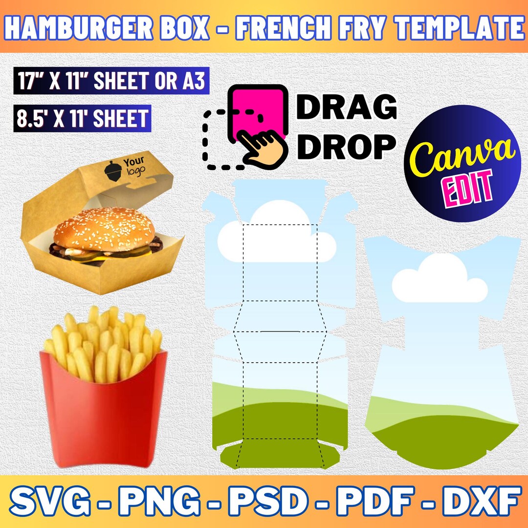 Hamburger & Fry Box Template SVG: Printable Snack Packaging (digital ...