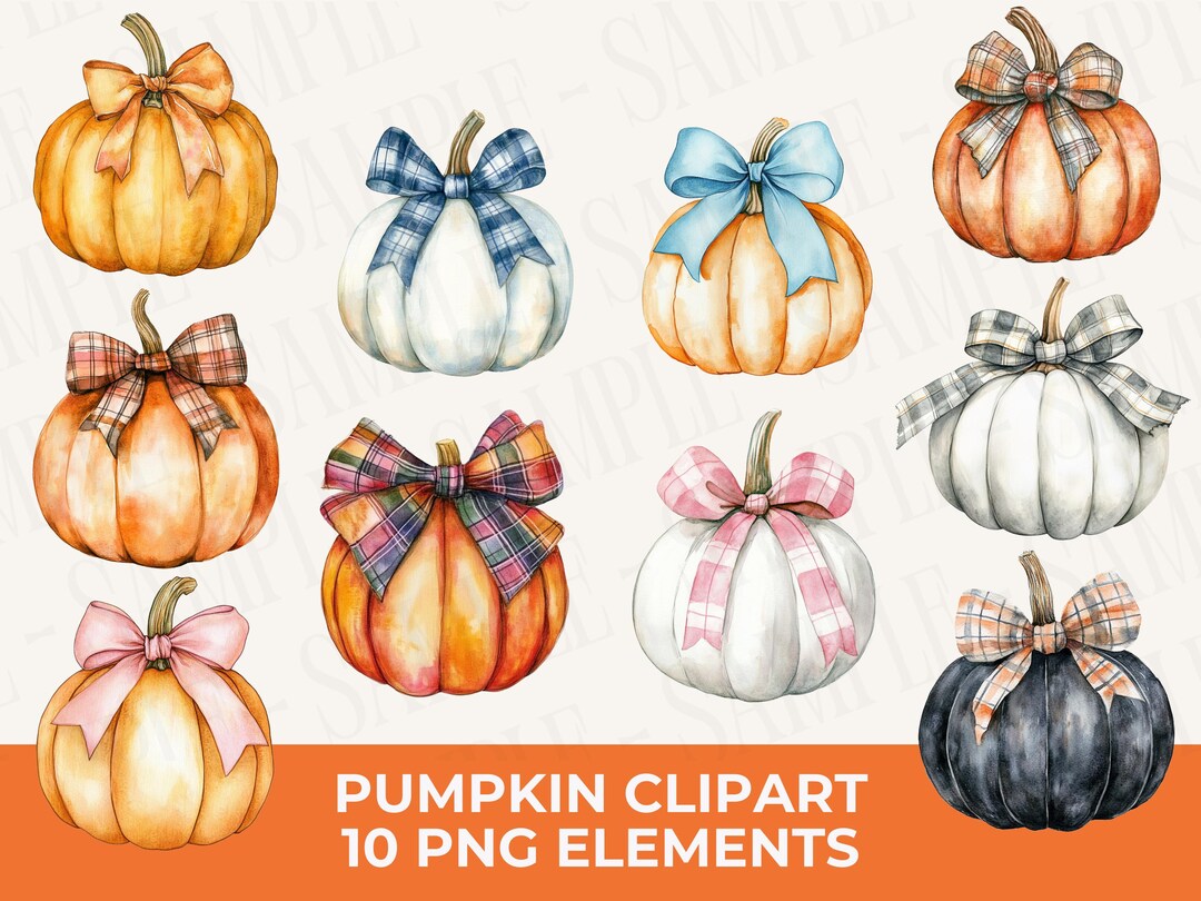 10 Coquette Pumpkins PNG Clipart | Watercolor Halloween Fall Bows ...