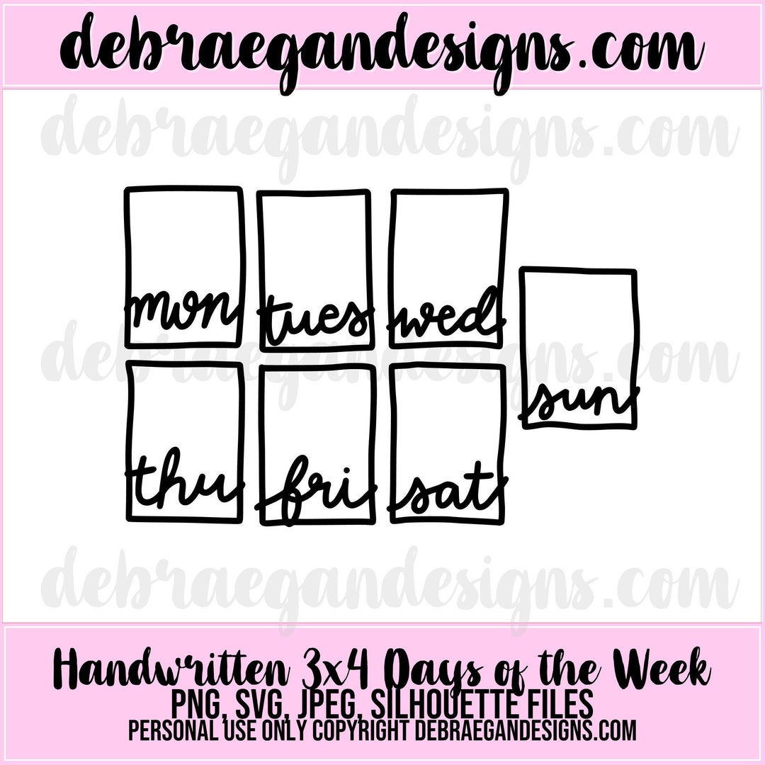 Handwritten 3x4 Days of the Week Cut File -SVG, PNG, JPEG, .studio 3 ...