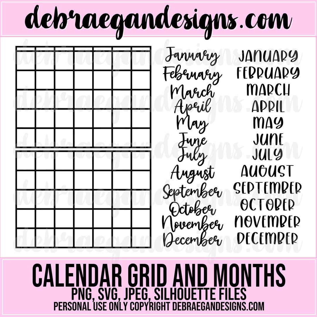 Calendar Month Grid and Months Titles Digital Cut File - 2 Styles- SVG ...