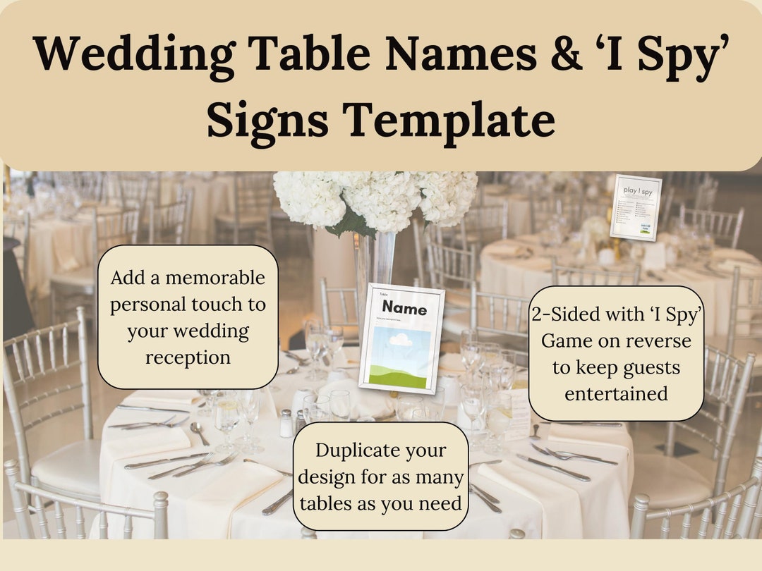 Modern Editable Wedding Table Name Sign Template With 'I Spy' Game on ...