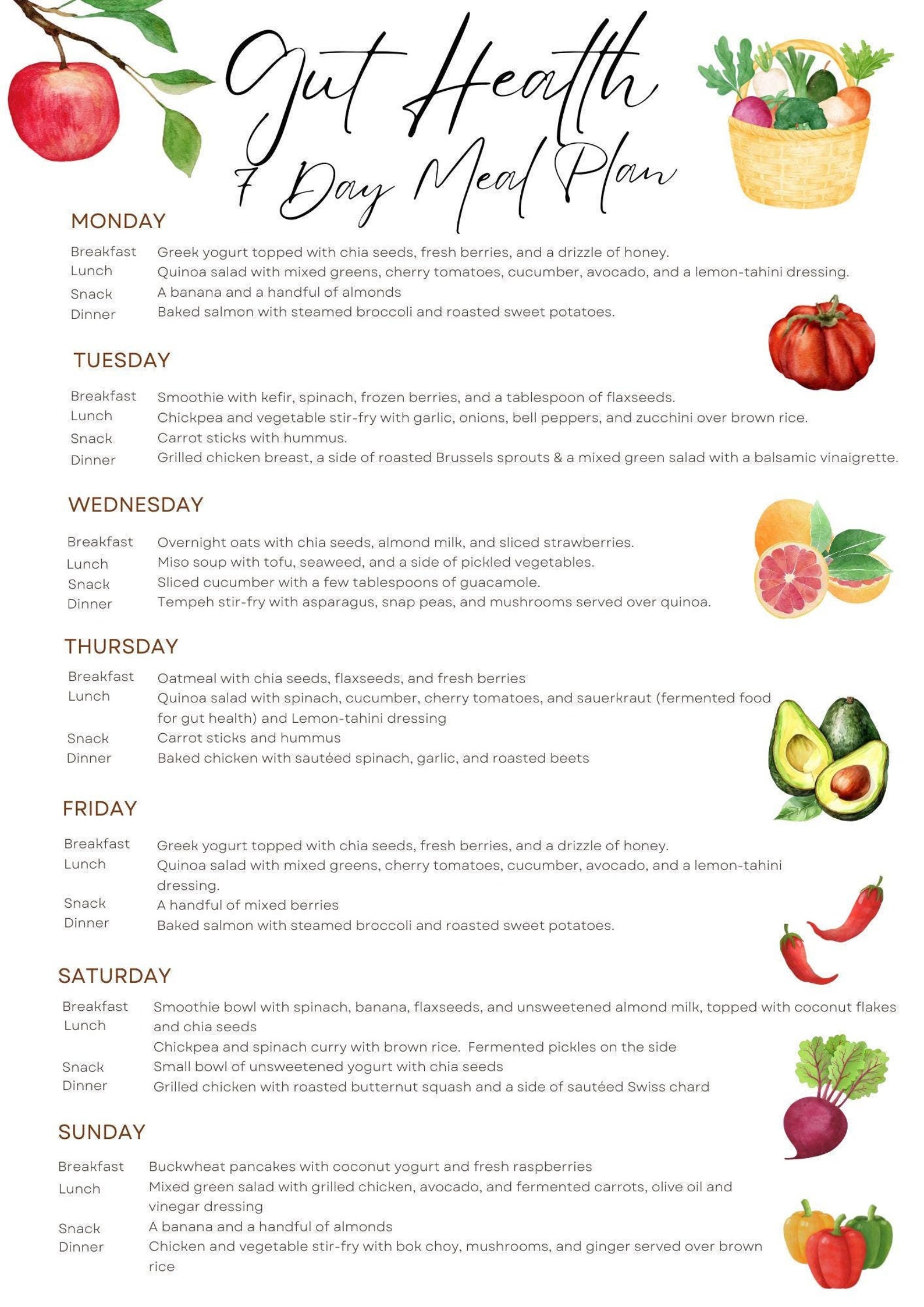 Gut-friendly 7-day Meal Plan With Shopping List, Instant PDF, Gut ...
