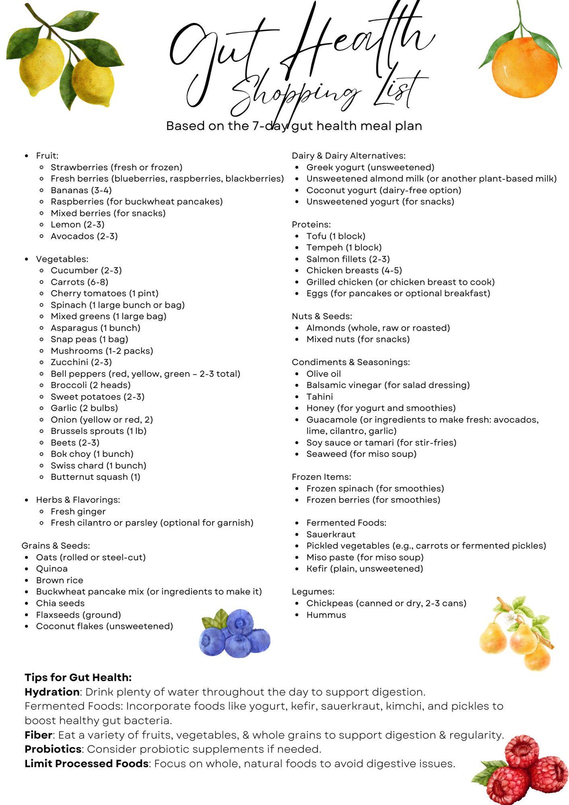 Gut-friendly 7-day Meal Plan With Shopping List, Instant PDF, Gut ...