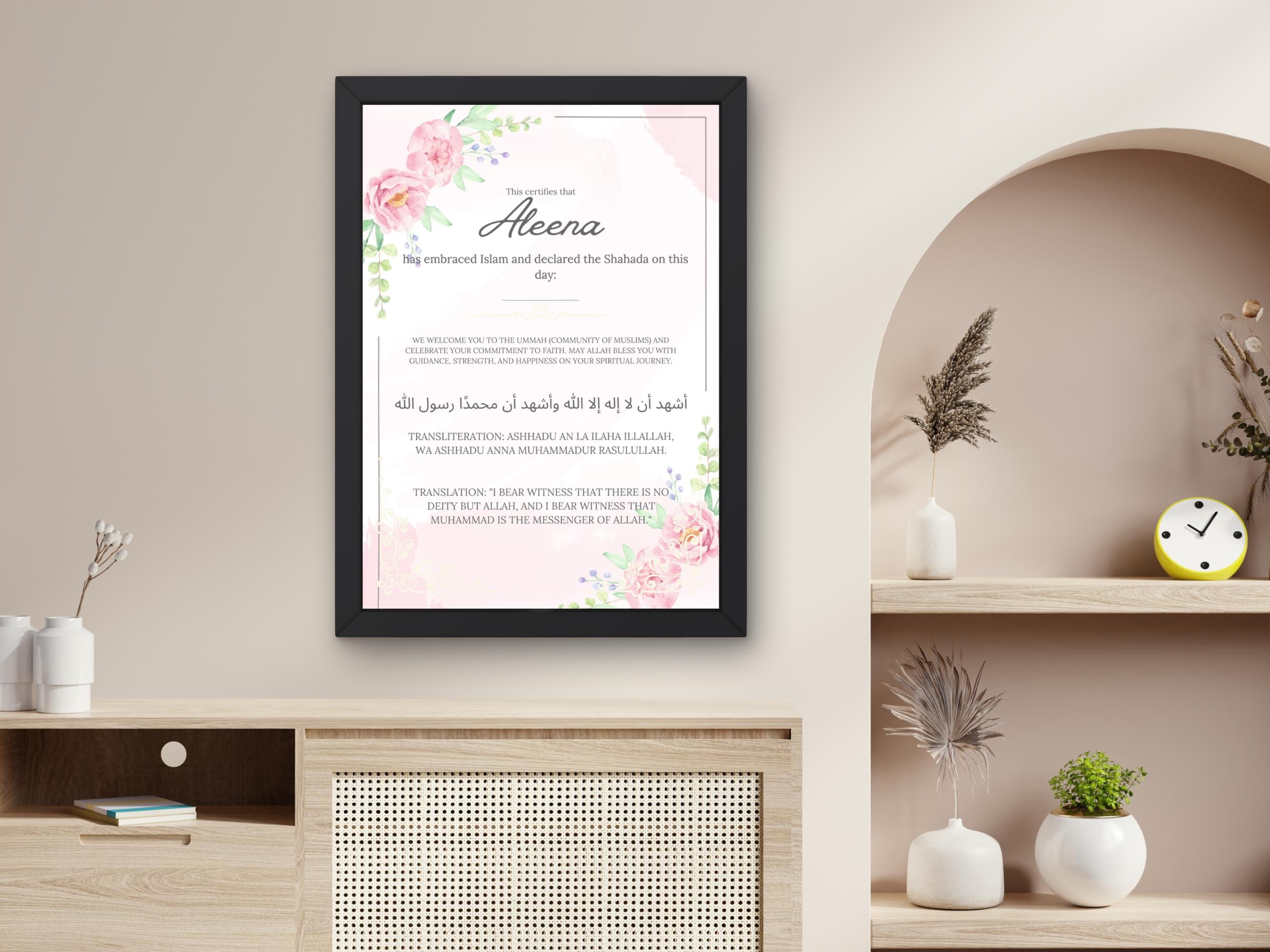 Girly Muslim Revert Certificate, Islamic Shahada Ceremony, Sentimental ...