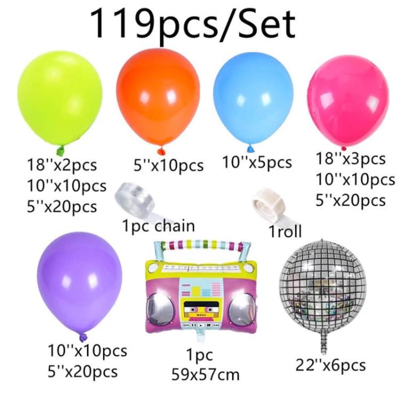 Disco 80s Retro Boombox Themed Balloon Arch Garland Kit | 119 Piece ...