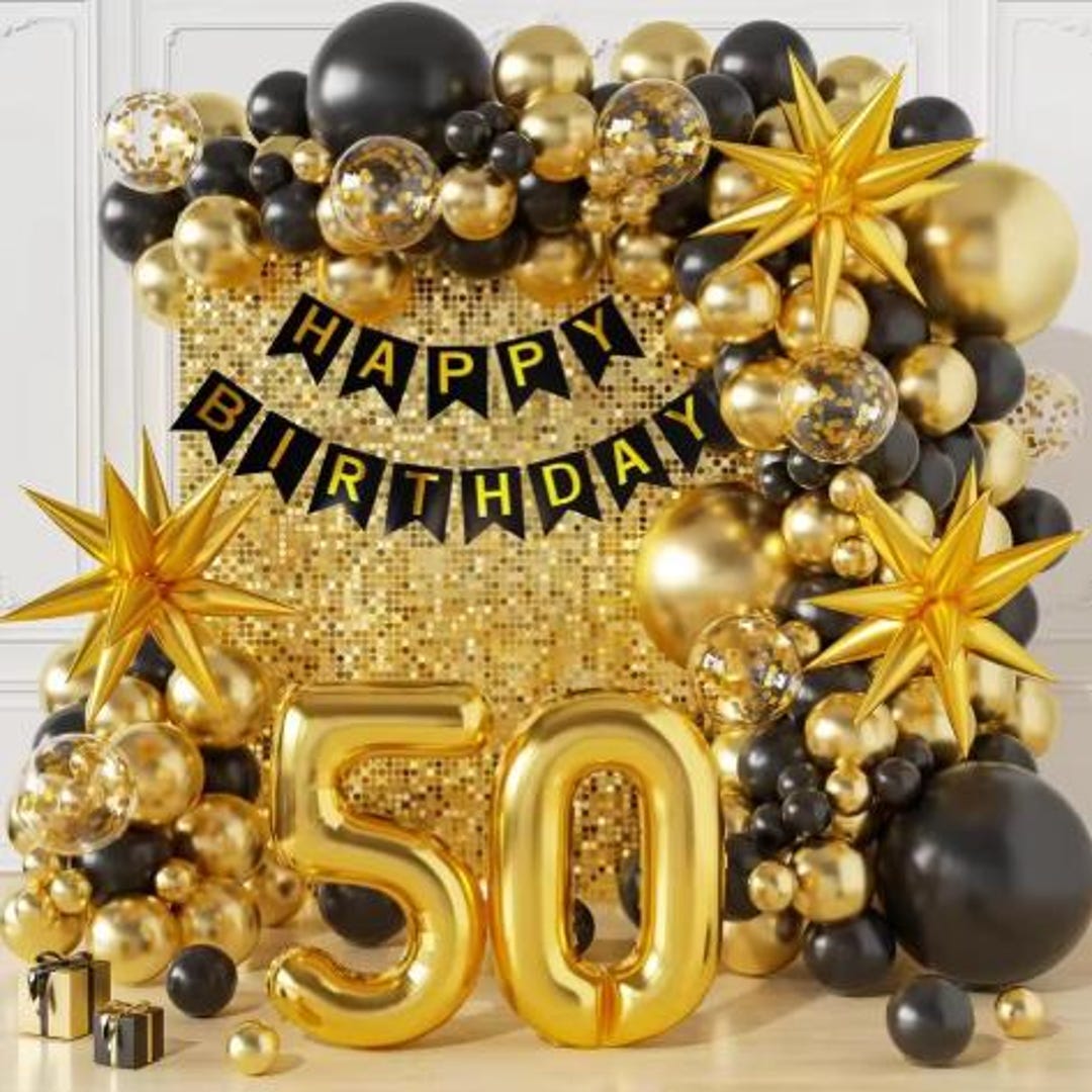 50th Birthday Gold & Black Star Confetti Luxury Balloon Arch Garland ...