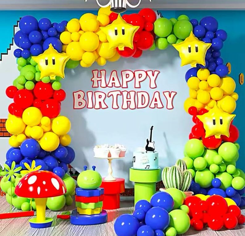 Super Mario Luigi Inspired Colorful Gold Star Balloon Arch Garland ...