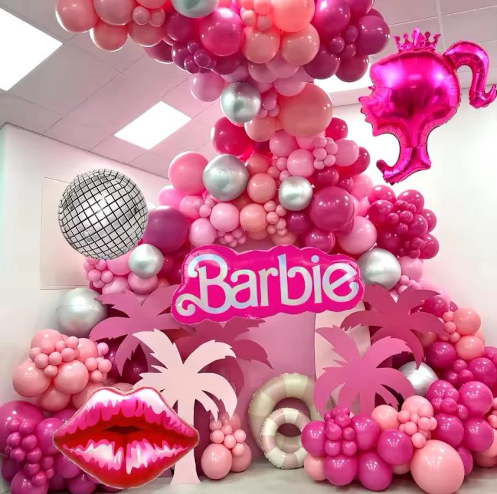 Pink & Silver Barbie Doll Disco Themed Balloon Arch Garland | 111 Piece ...