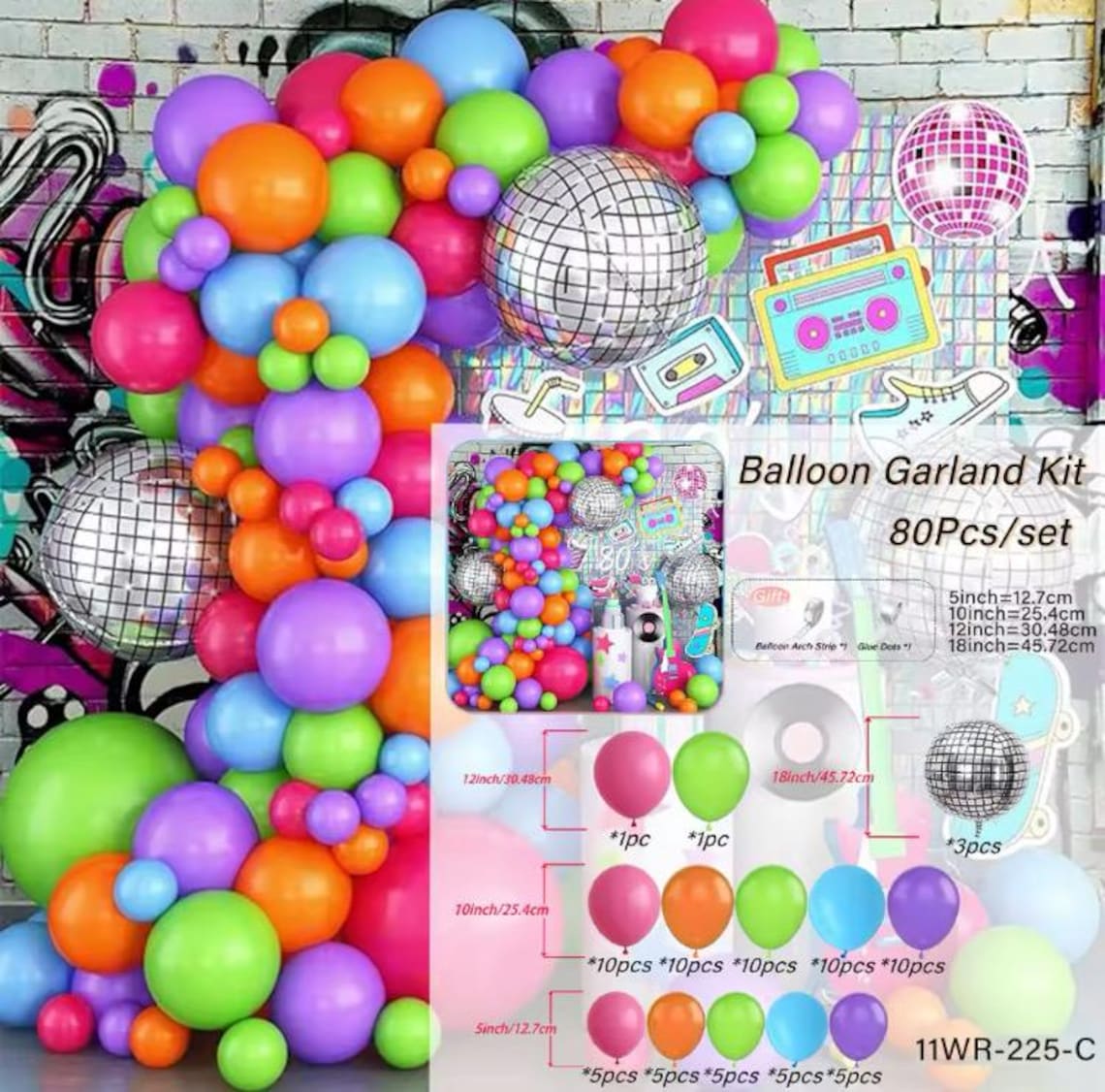 Disco 80s Retro Themed Balloon Arch Garland Kit | 80 Piece Neon Party ...