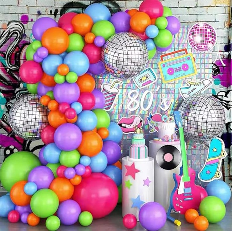 Disco 80s Retro Themed Balloon Arch Garland Kit | 80 Piece Neon Party ...