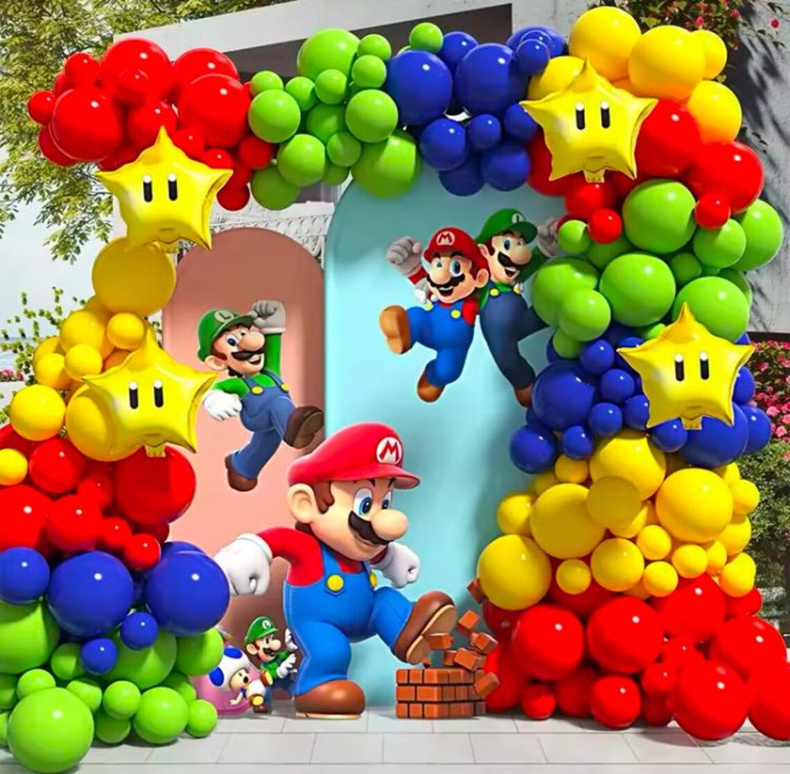 Super Mario Luigi Inspired Colorful Gold Star Balloon Arch Garland ...
