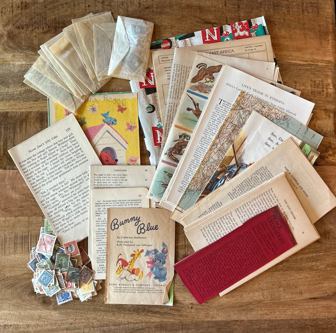 Vintage Ephemera Bundle - Vintage Paper, Book Pages, and Stamps for ...