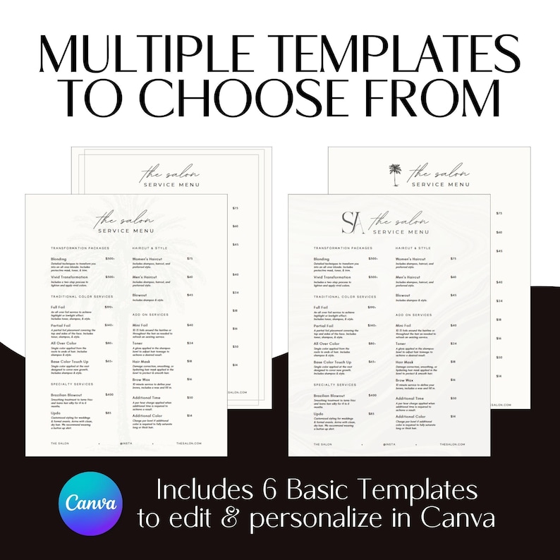 Editable Service Menu Canva Template for Salons, Printable Payment Sign ...