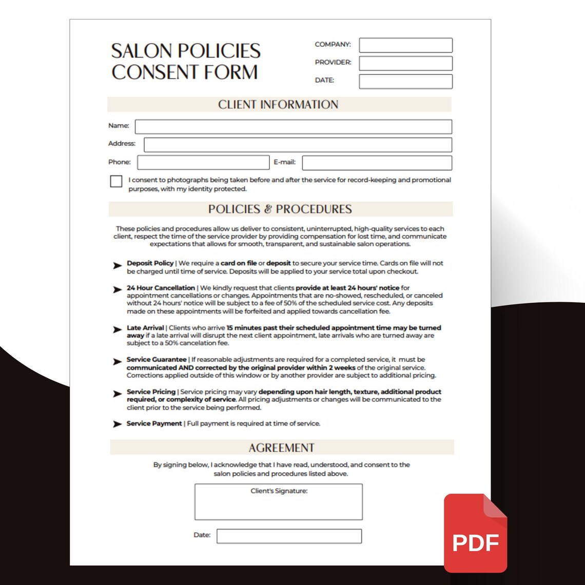 Editable & Printable Salon Policies Form | Client Agreement for ...