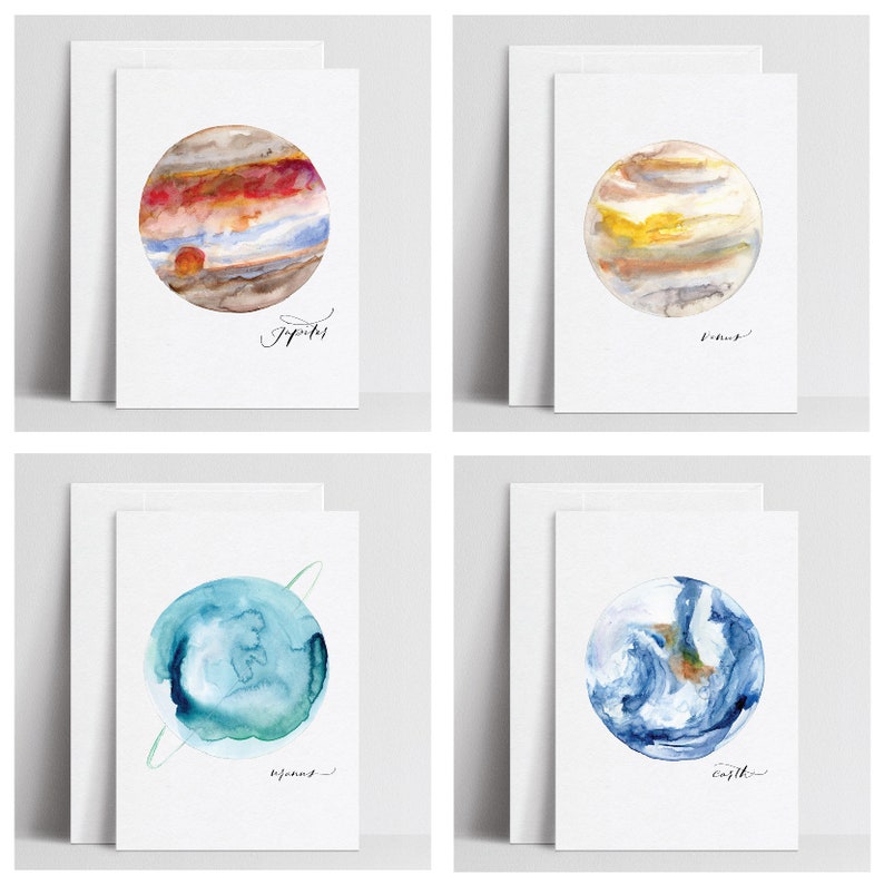 Watercolor Planets Mix (8 Cards) - Etsy