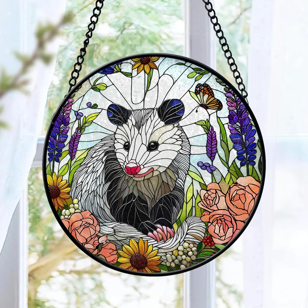 Stunning Opossum Stained Glass Art Beautiful Floral Opossum Hanging ...