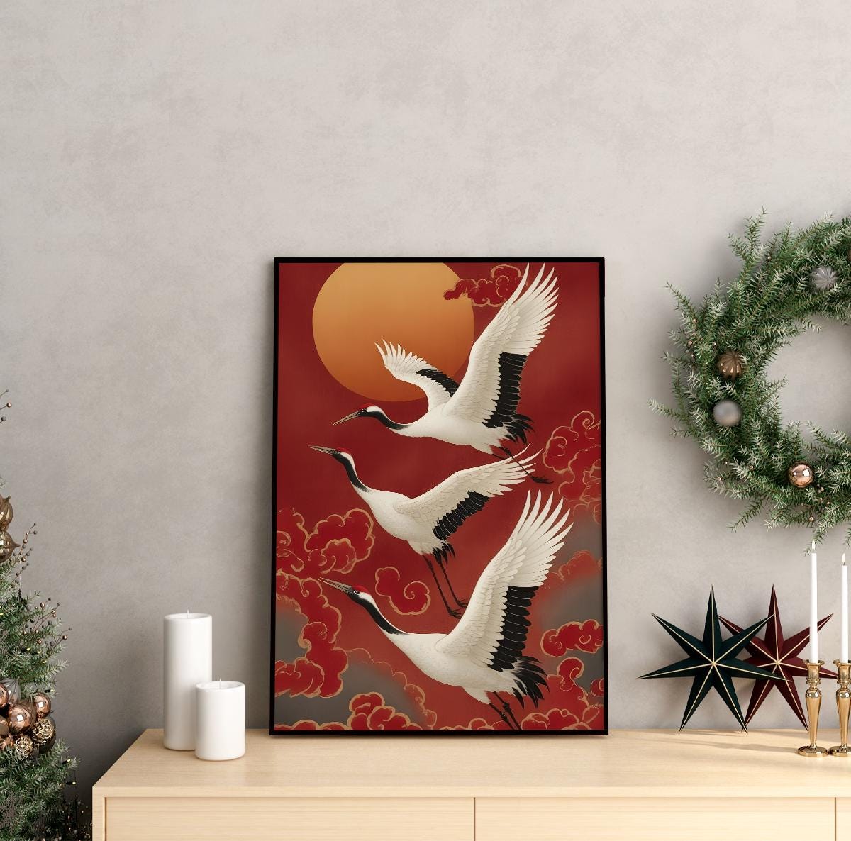 Crane Poster Art Symbol of Freedom and Peace Beautiful Scenery With Red ...