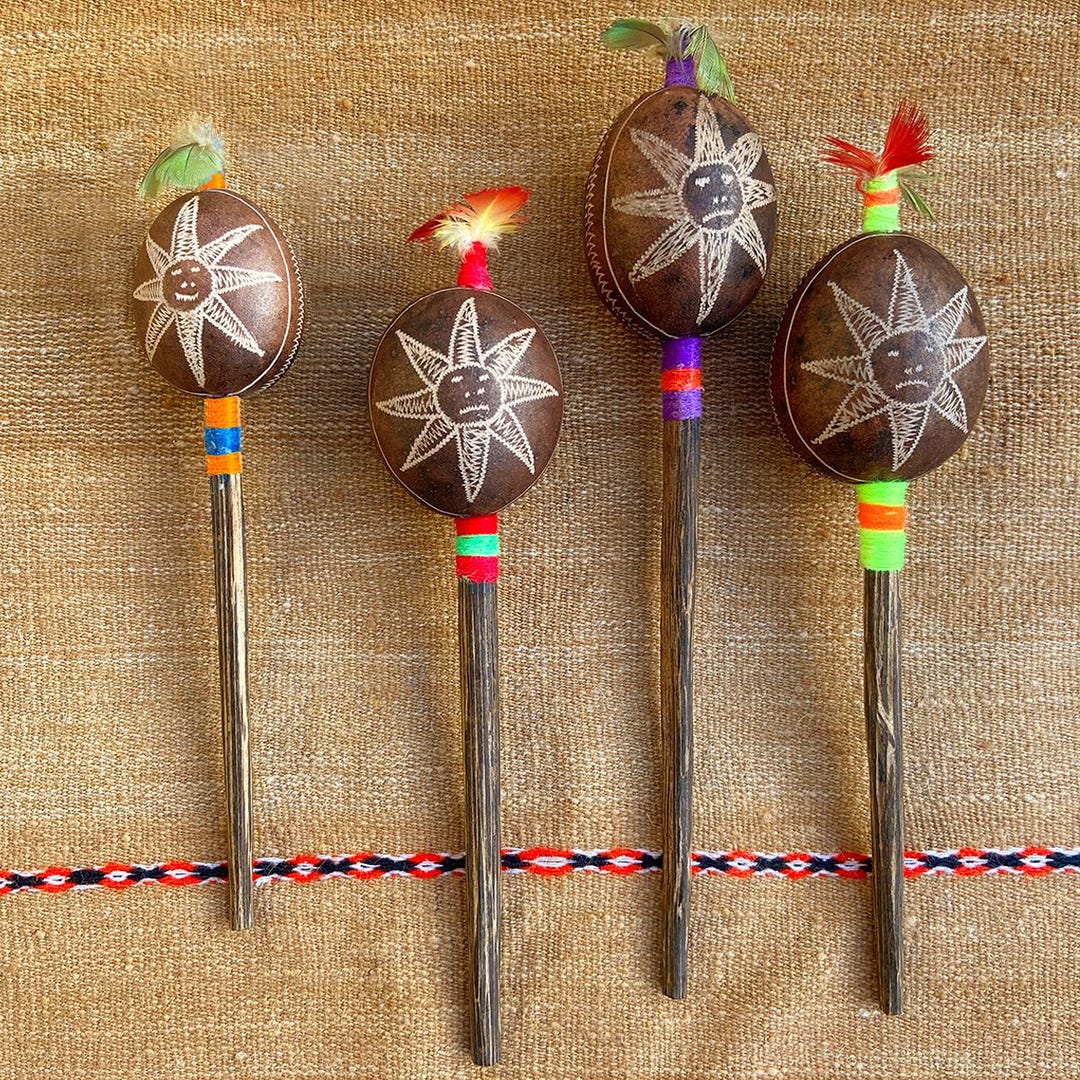 Hand-carved Shipibo Gourd Rattle With Sun Spirit Symbol Peruvian Amazon ...