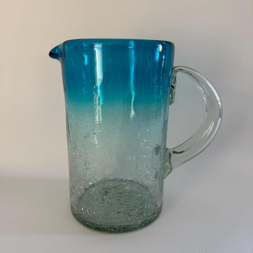 Aqua Blue Cracked Glass Pitcher Made in Mexico - Etsy