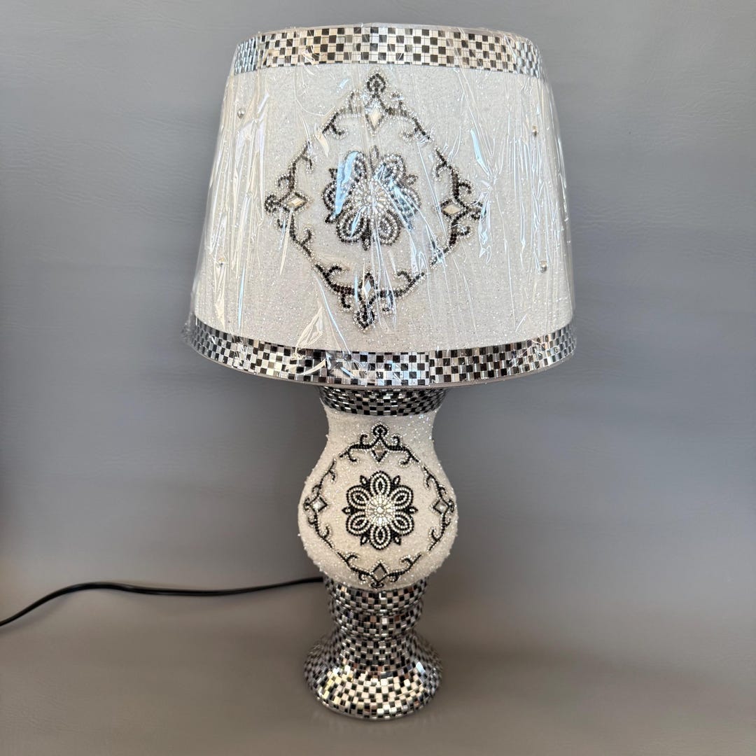 White and Silver Mirror Rhinestone Lamp New - Etsy