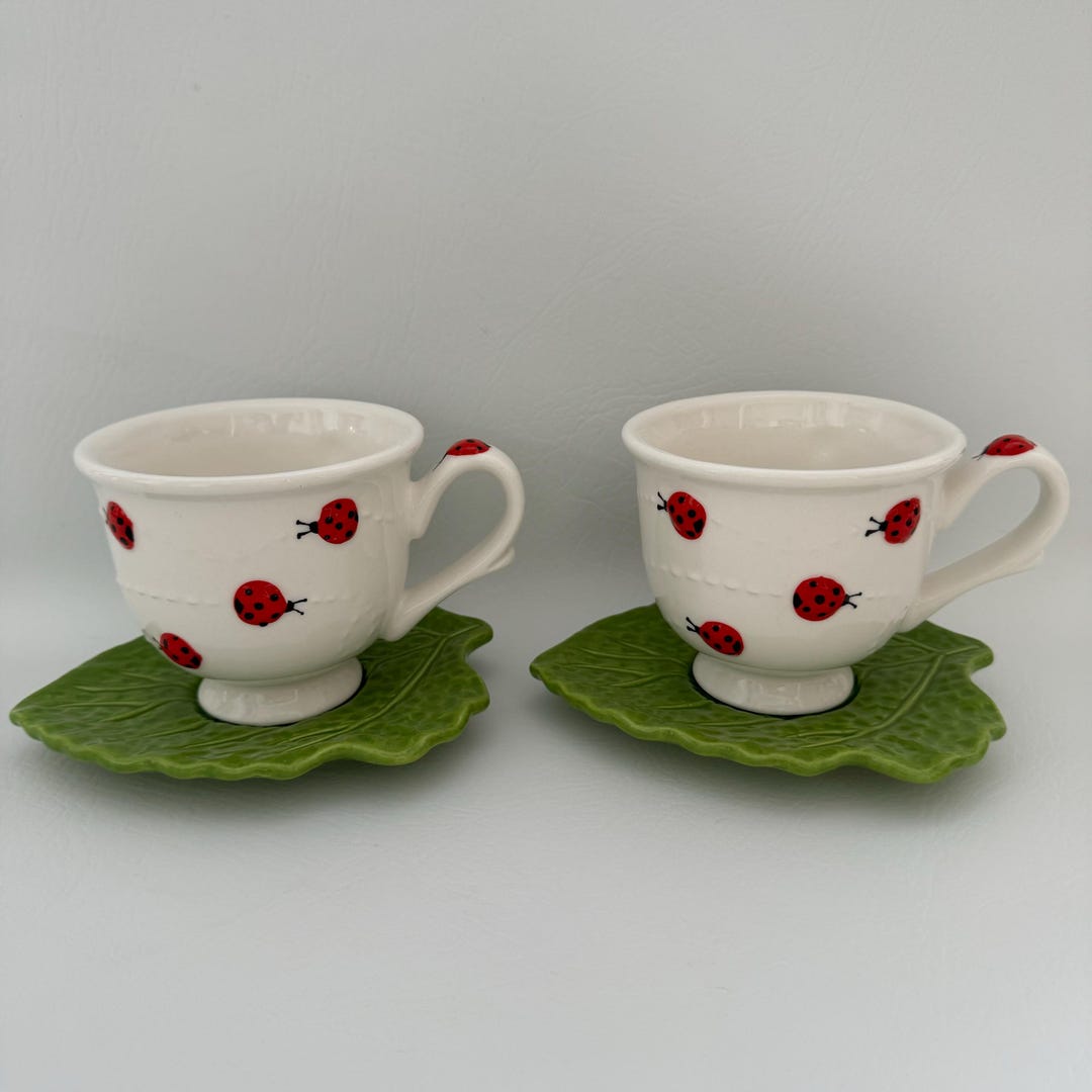Hand Painted Ladybug With Leaf Plate Tea Cups Mugs Set of 2 New - Etsy