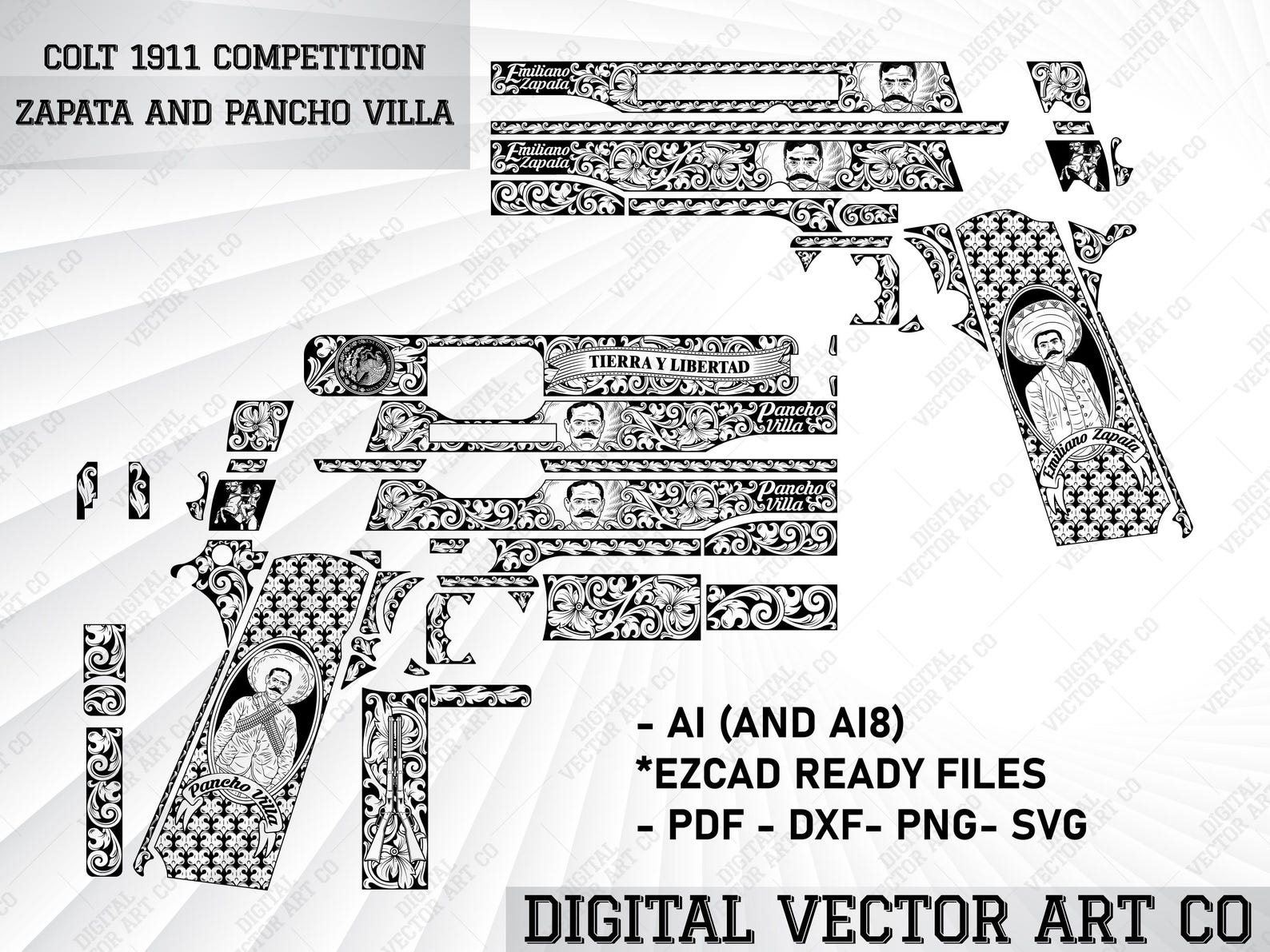 Colt 1911 Competition Zapata and Pancho Villa Scrollwork Vector Design ...