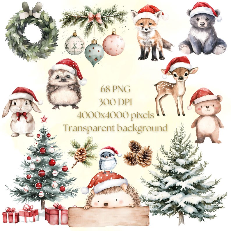 Watercolor Woodland Friends Clipart, Cute Xmas Animals PNG, Christmas ...