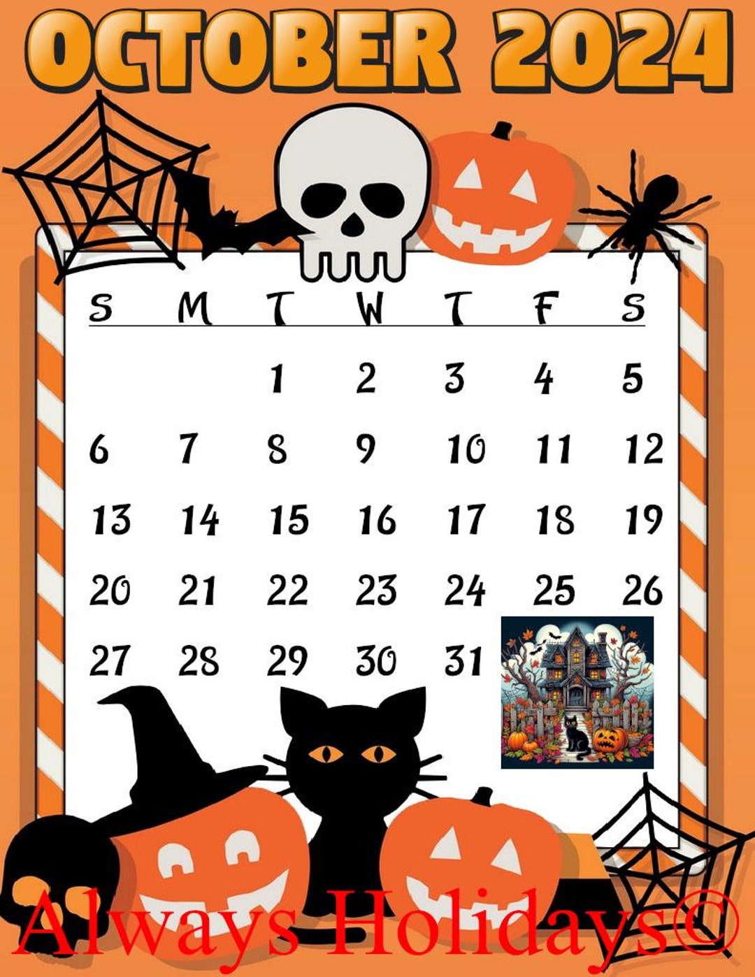 Unique & Cute Printable Halloween Home Sign October 2024 Month Calendar ...