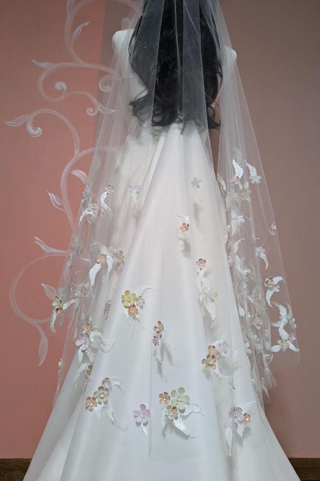 Floral Hand Painted Veil, 3D Light Weight, Painted Wedding Veil, Boho ...