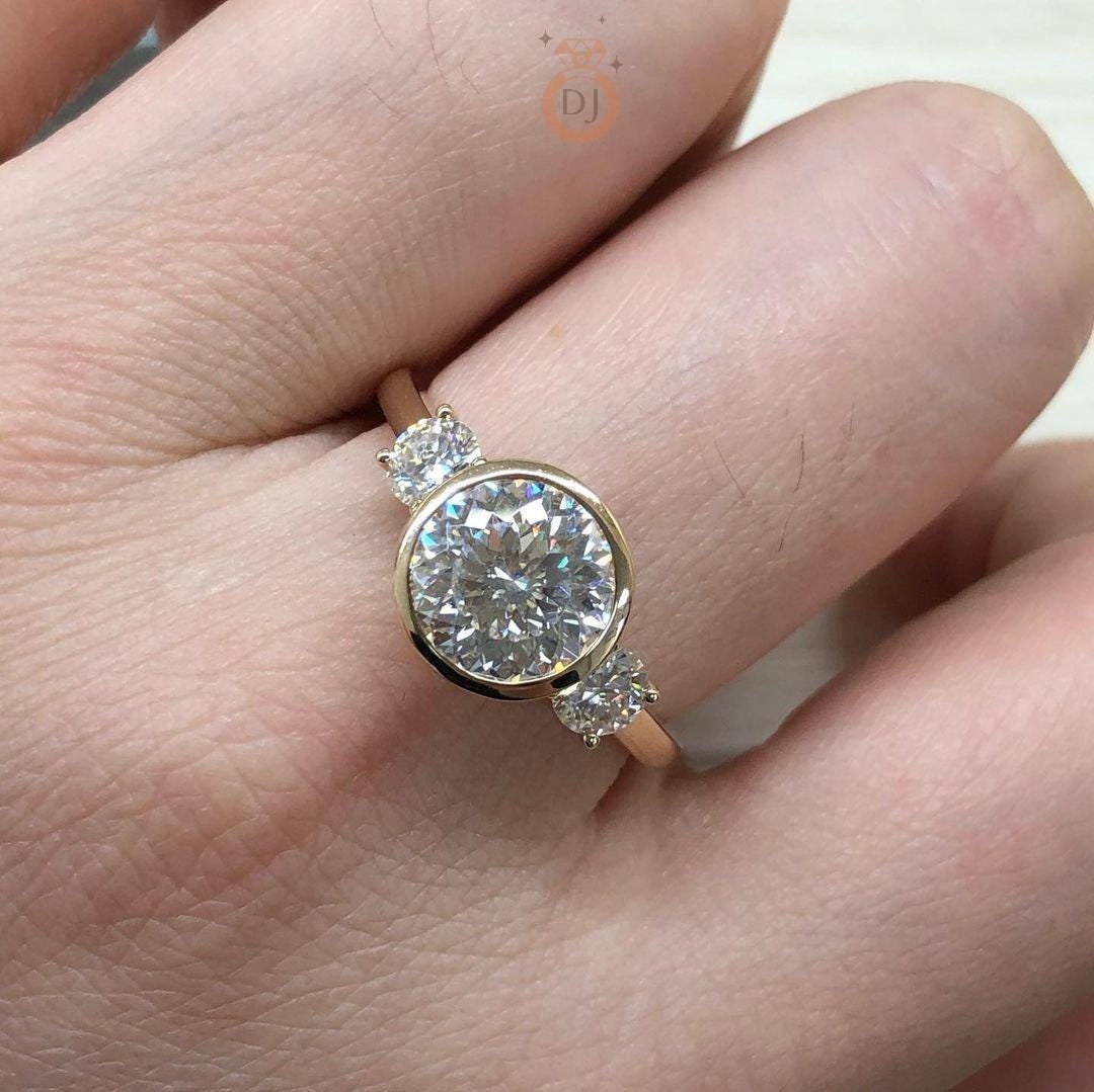 2.5 Carat Bezel Set Portuguese Cut Moissanite Engagement Ring Three ...