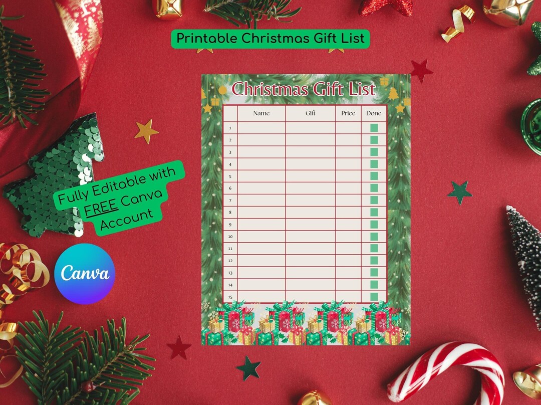 Editable Christmas Gift List – Holiday Planner, Canva Template (digital ...