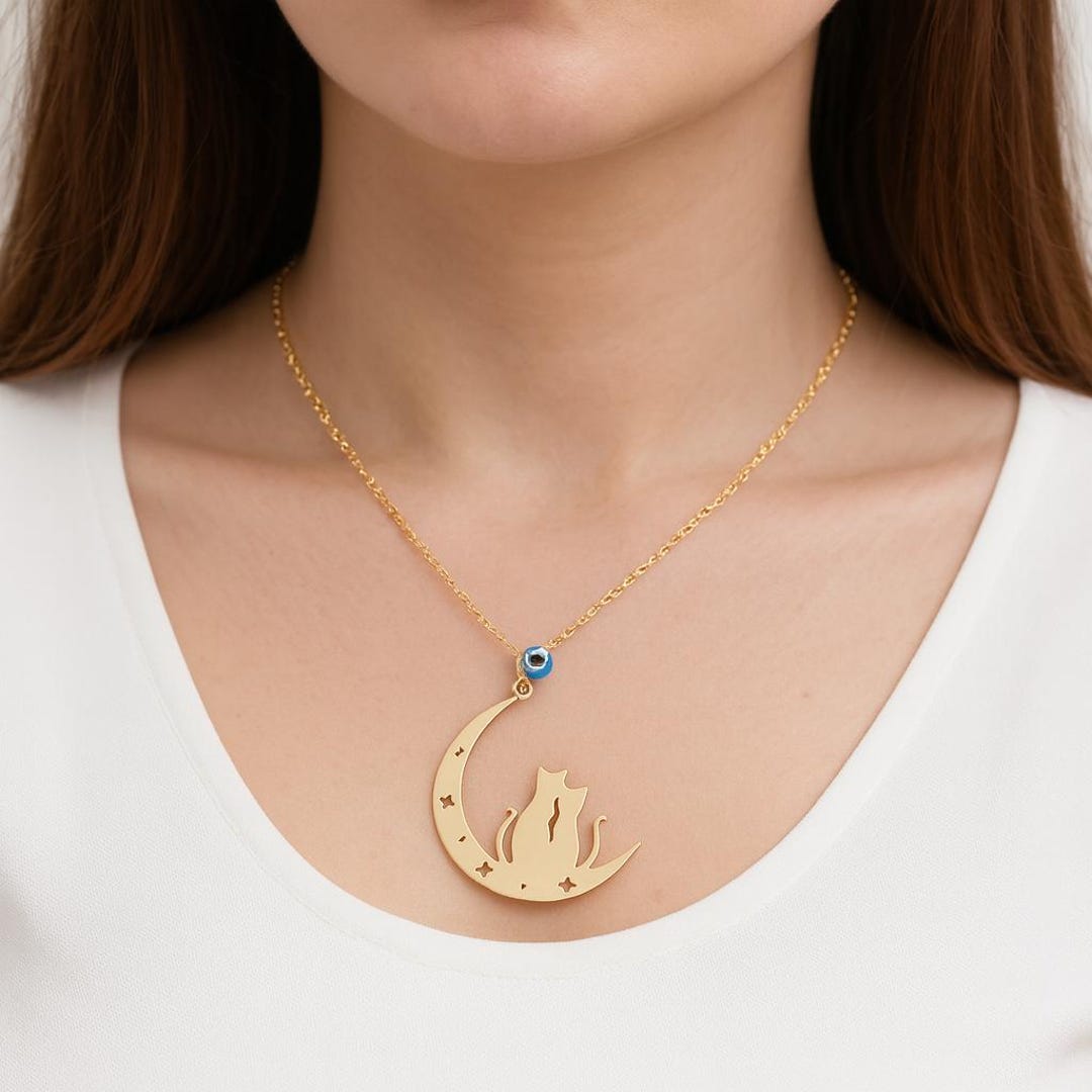 Gold Cat on Moon Necklace, 14K Plated Crescent Moon With Cats & Stars ...