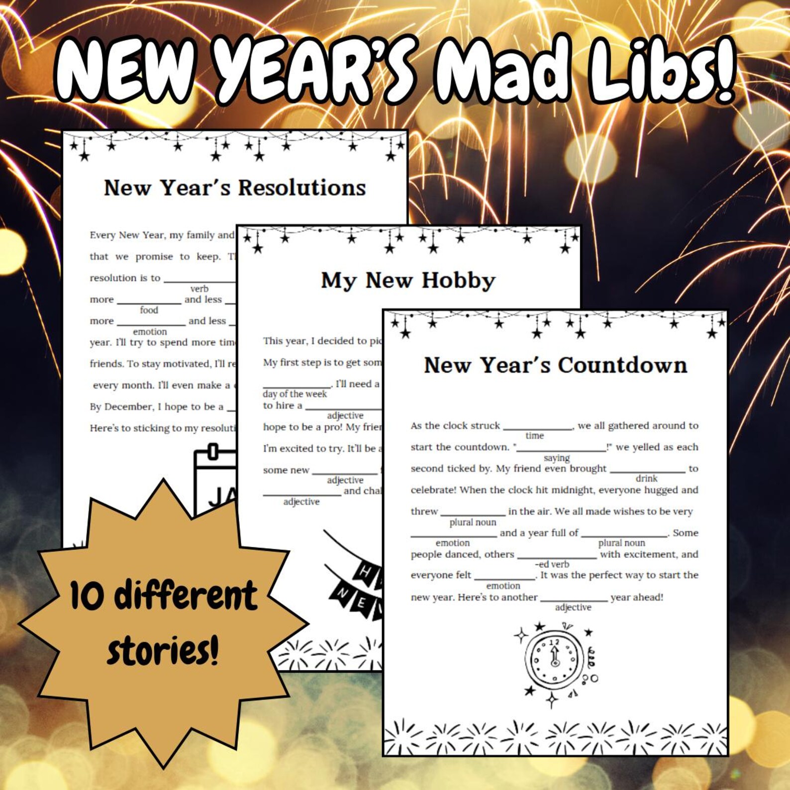 New Year's Mad Libs Bundle! 10 Printable Fill-in-the-blanks Games! Fun ...