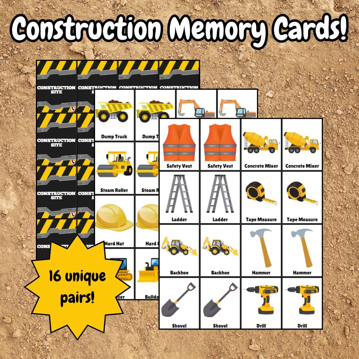 Construction-themed Memory Card Game | 32 Printable Cards for Kids ...