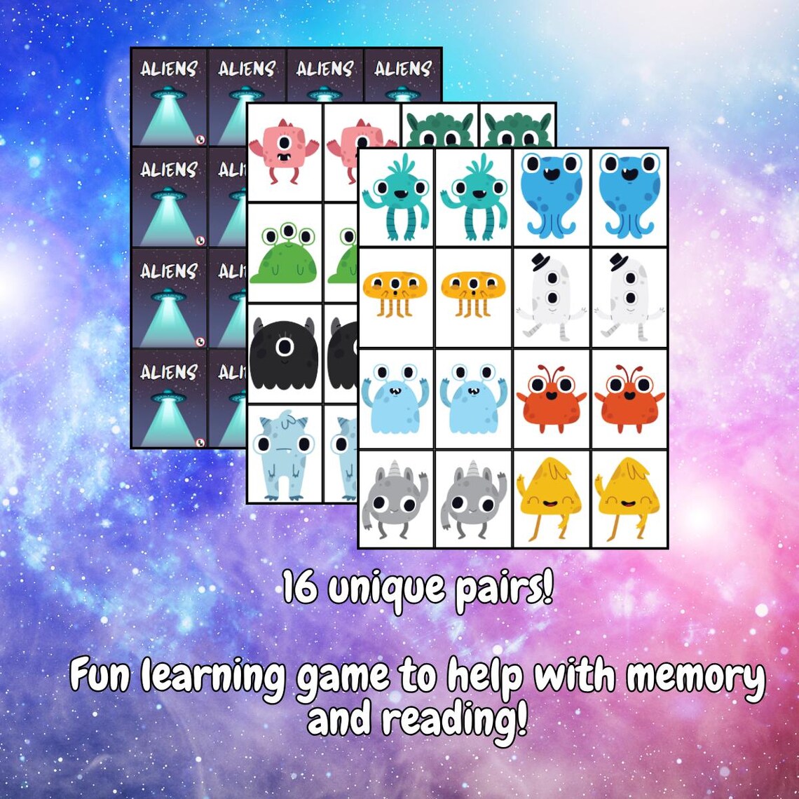 Set of 32 Alien-themed Memory Cards | Printable Matching Game for Kids ...