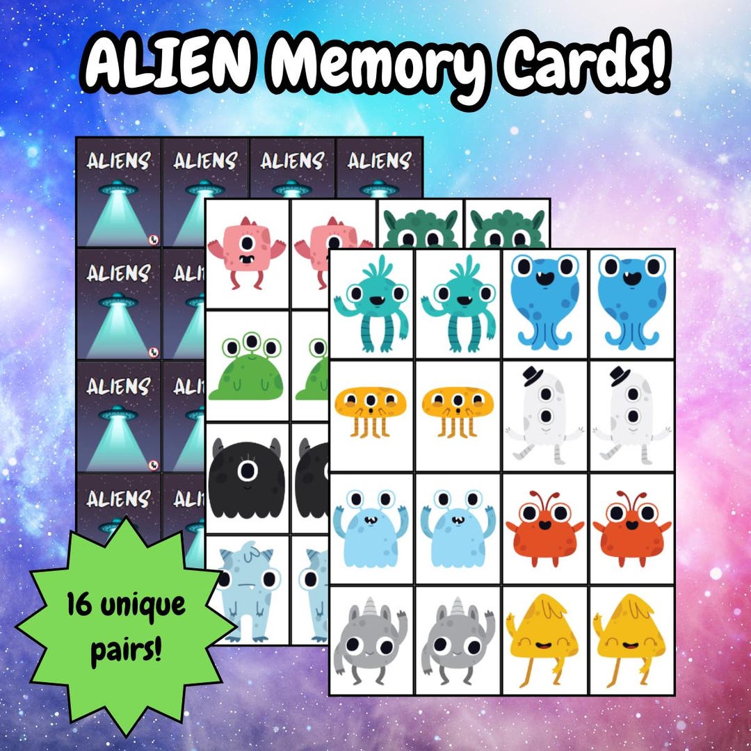 Set of 32 Alien-themed Memory Cards | Printable Matching Game for Kids ...