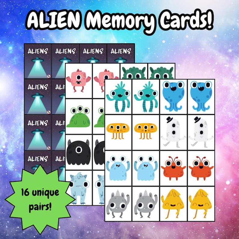 Set of 32 Alien-themed Memory Cards | Printable Matching Game for Kids ...