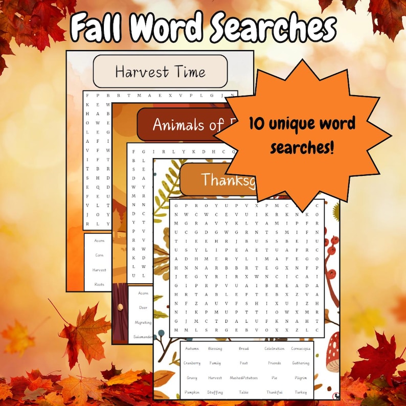 10 Unique Fall Word Searches Printable Fall Puzzles Fun Autumn Activity ...
