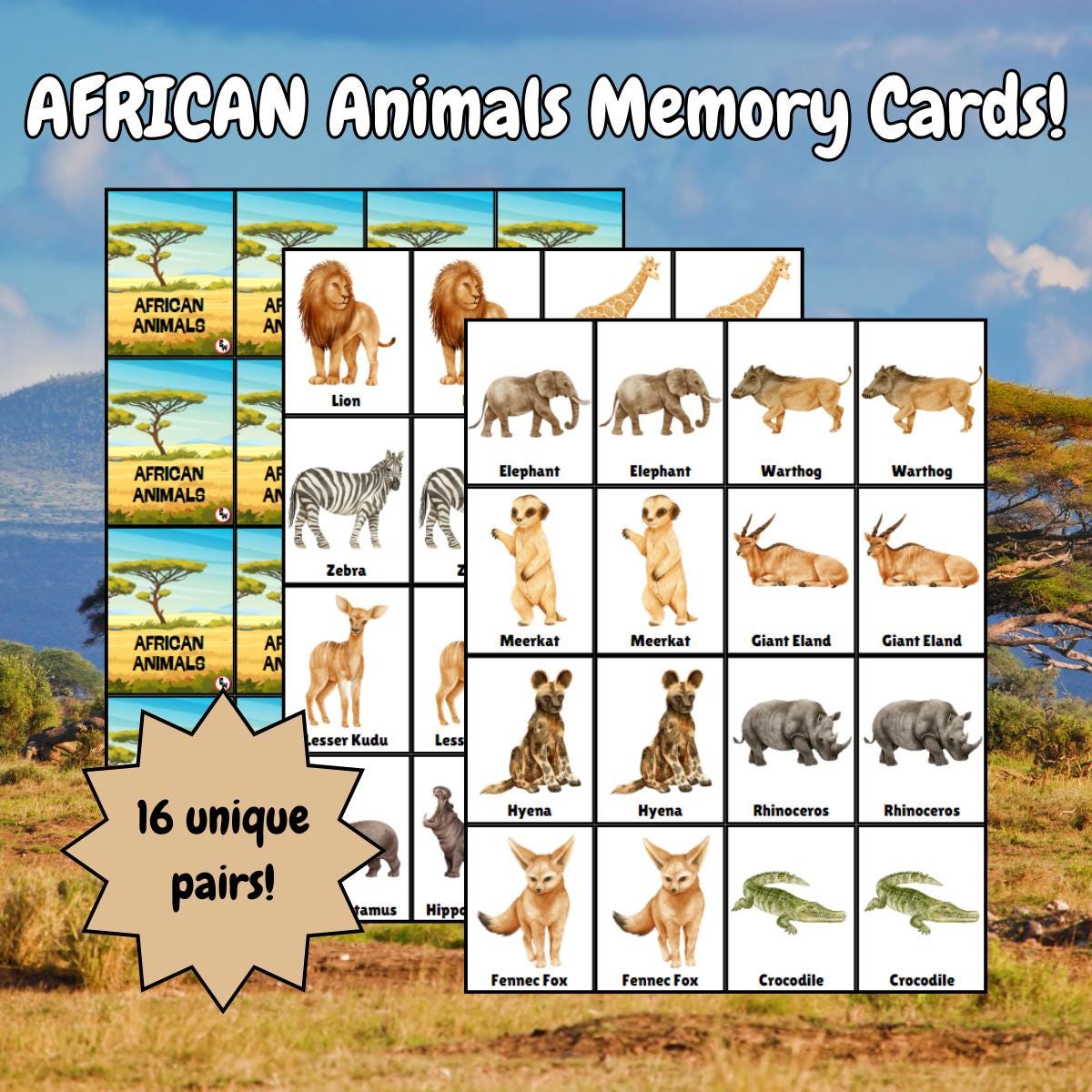 Set of 32 African Animal-themed Memory Cards | Printable Matching Game ...